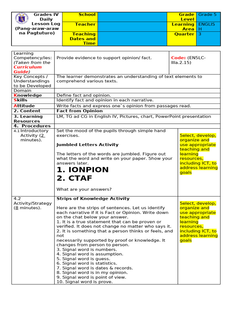 Grade 5 English Lesson: Fact vs Opinion | PDF | Educational Technology | Learning
