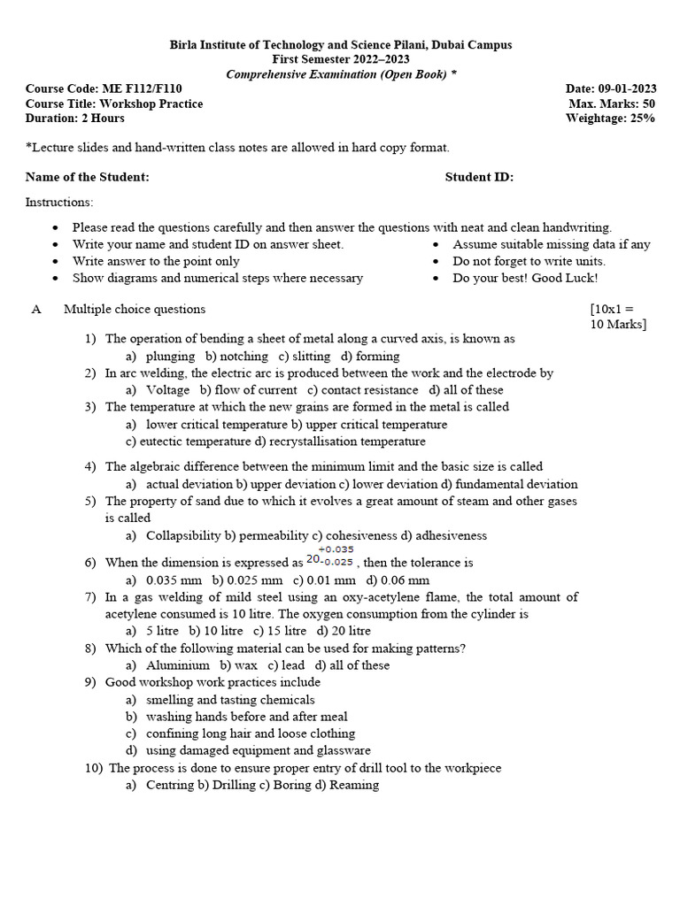 Comprehensive Exam Paper WP_I Sem_22-23 | PDF | Machining | Secondary ...