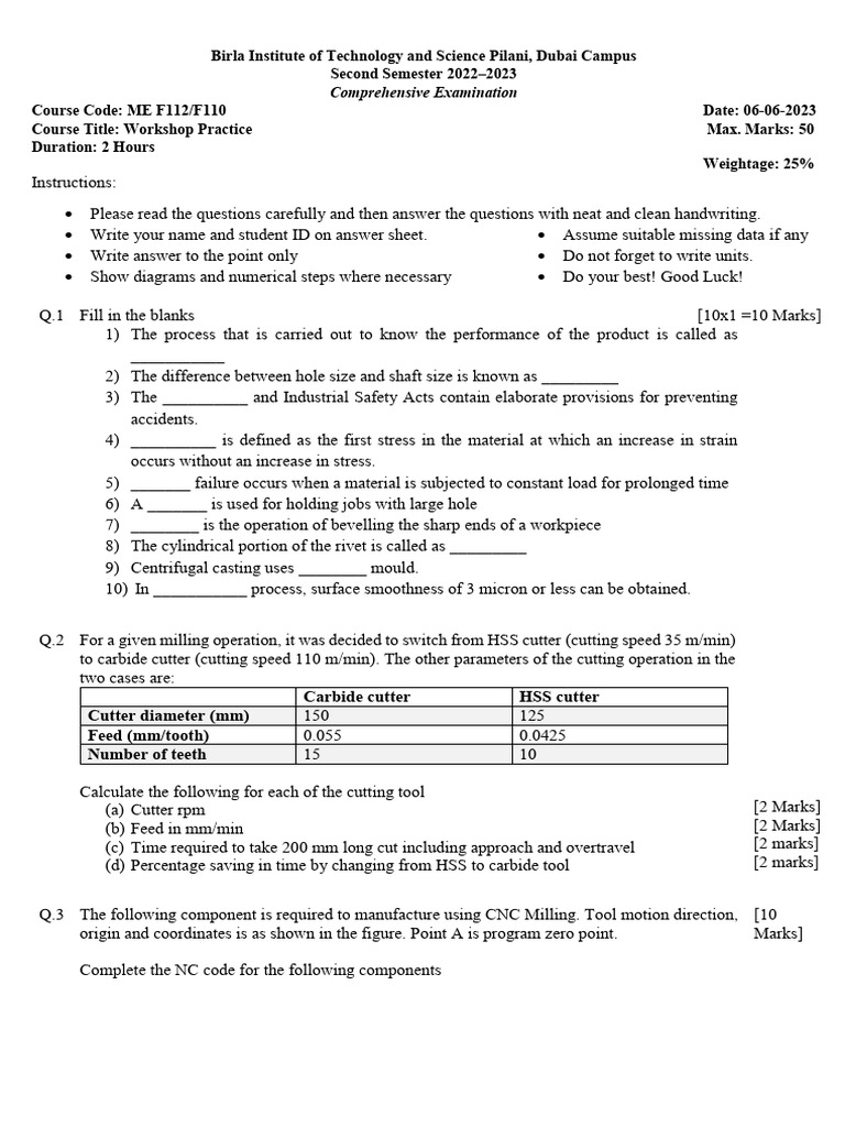 Comprehensive Exam Paper_WP_II Sem_22-23 | PDF | Numerical Control ...