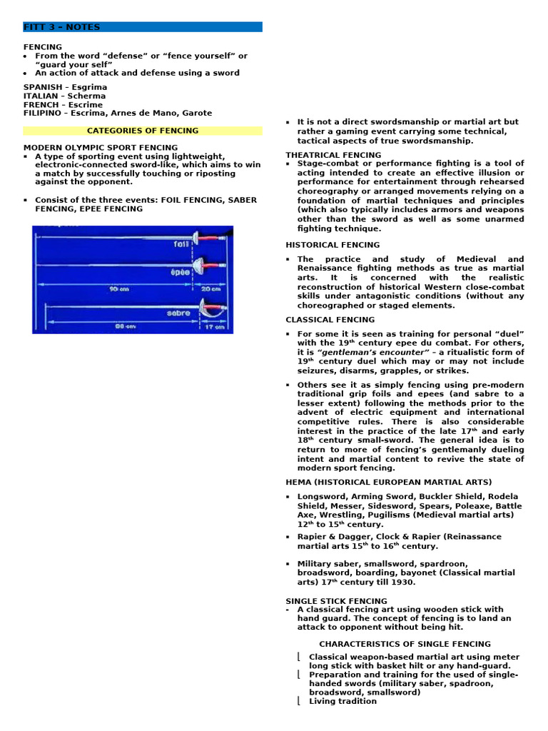 Fitt 3 Notes Mreviewer | PDF | Fencing | Swordsmanship