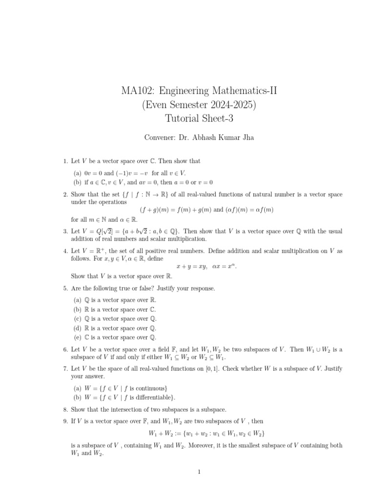 Tutorial Sheet 3 | PDF | Linear Subspace | Vector Space