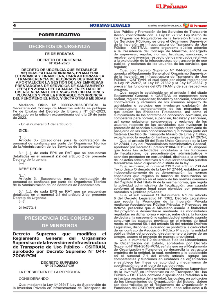 Decreto Supremo Que Modifica El Reglamento General Del Organ Decreto Supremo N 079 2023 PCM ...