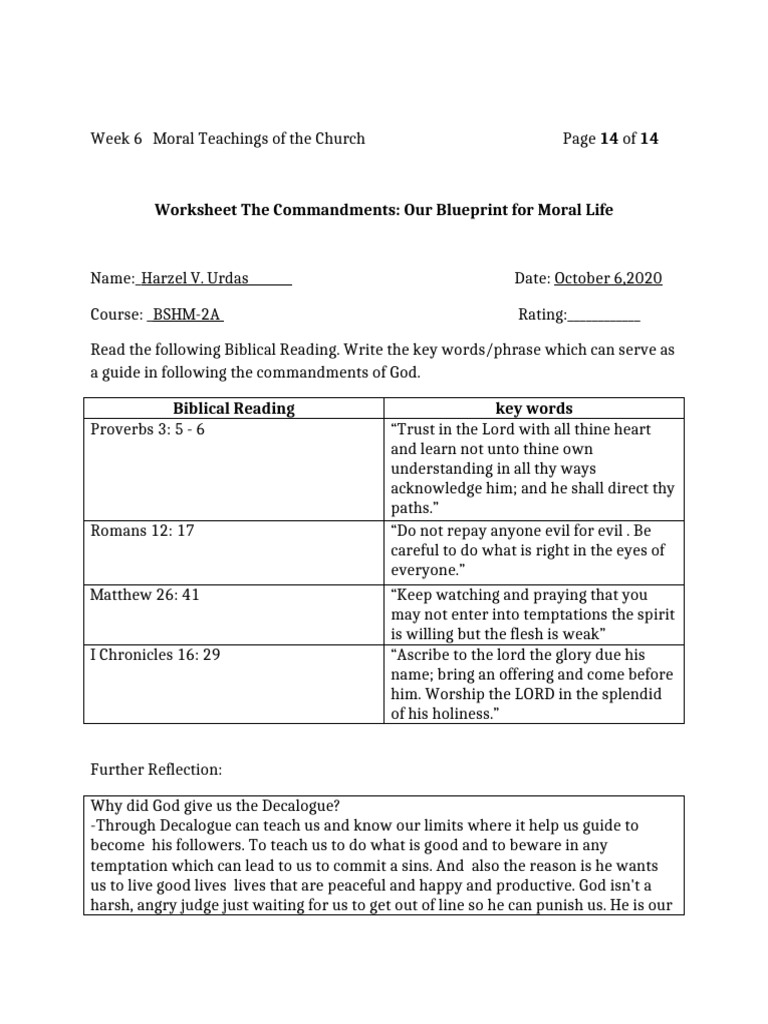 Harzel V Urdas - Bshm-2a (Week 6 - Answers) | PDF | Ten Commandments | Faith