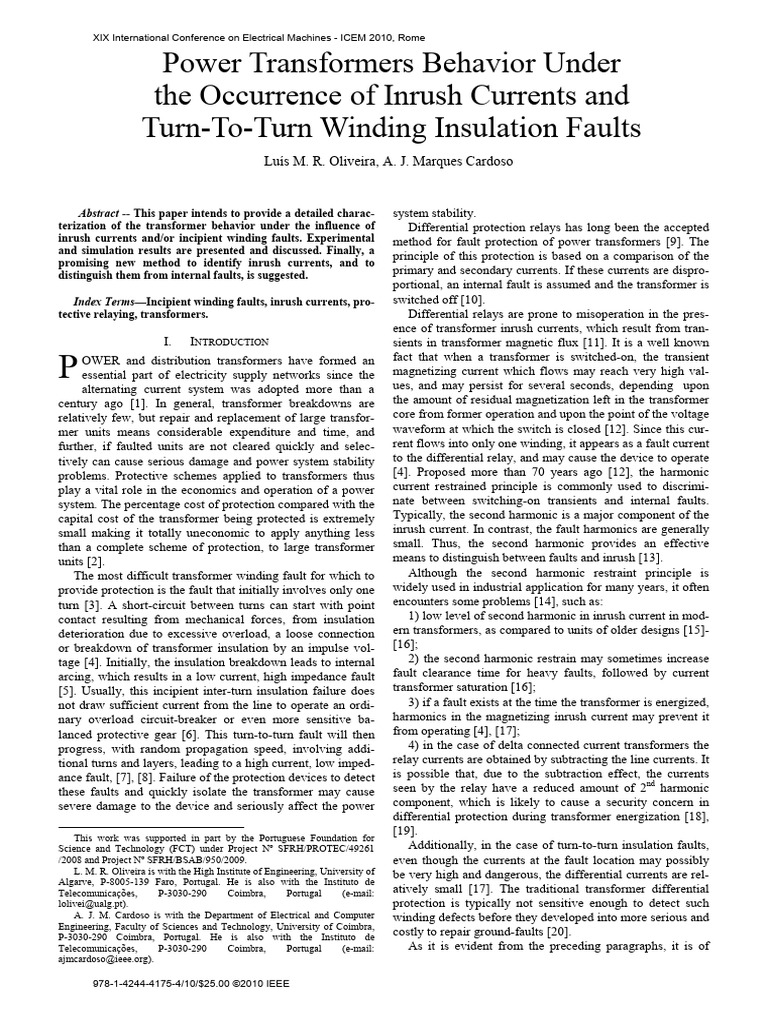Power Transformers Behavior Under Inrush Currents and Turn-To-Turn Winding Insulation Faults ...