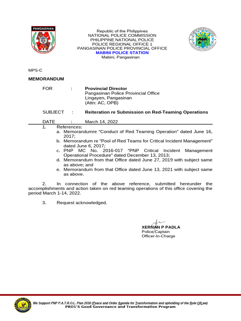 Red-Teaming Operations Report: Mabini PS | PDF | Violence | National ...