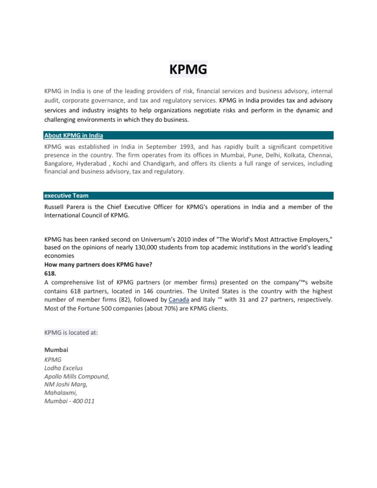 KPMG - Company Profile | PDF | Career & Growth | Business