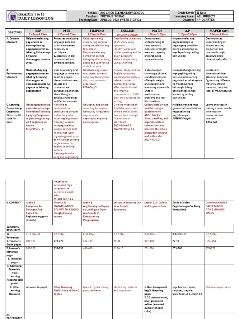 DLL All-Subjects-2 Q4 W5 D2 | PDF