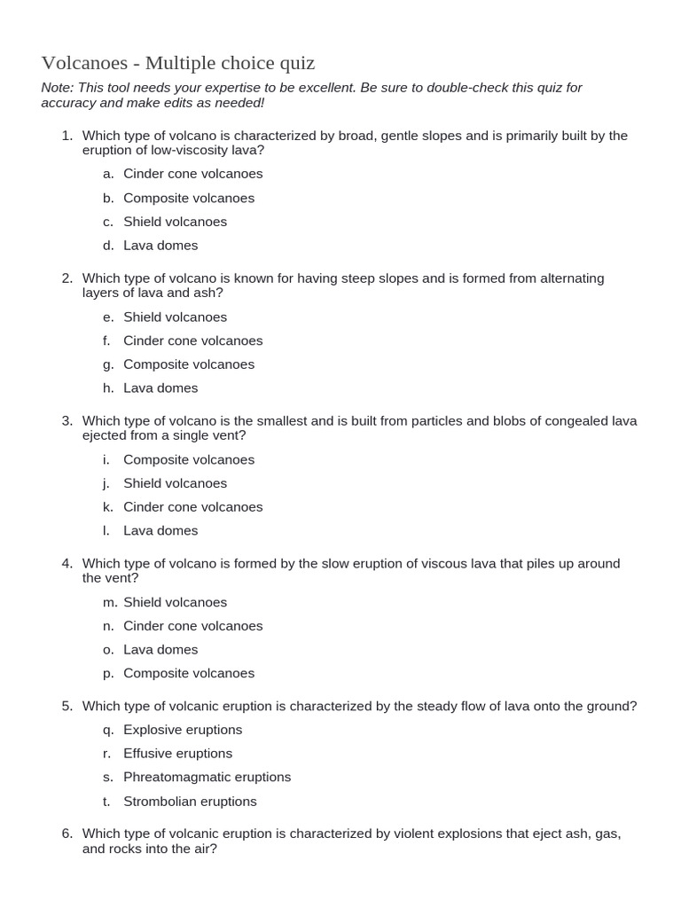 Volcanoes - Multiple Choice Quiz | PDF | Volcano | Types Of Volcanic ...