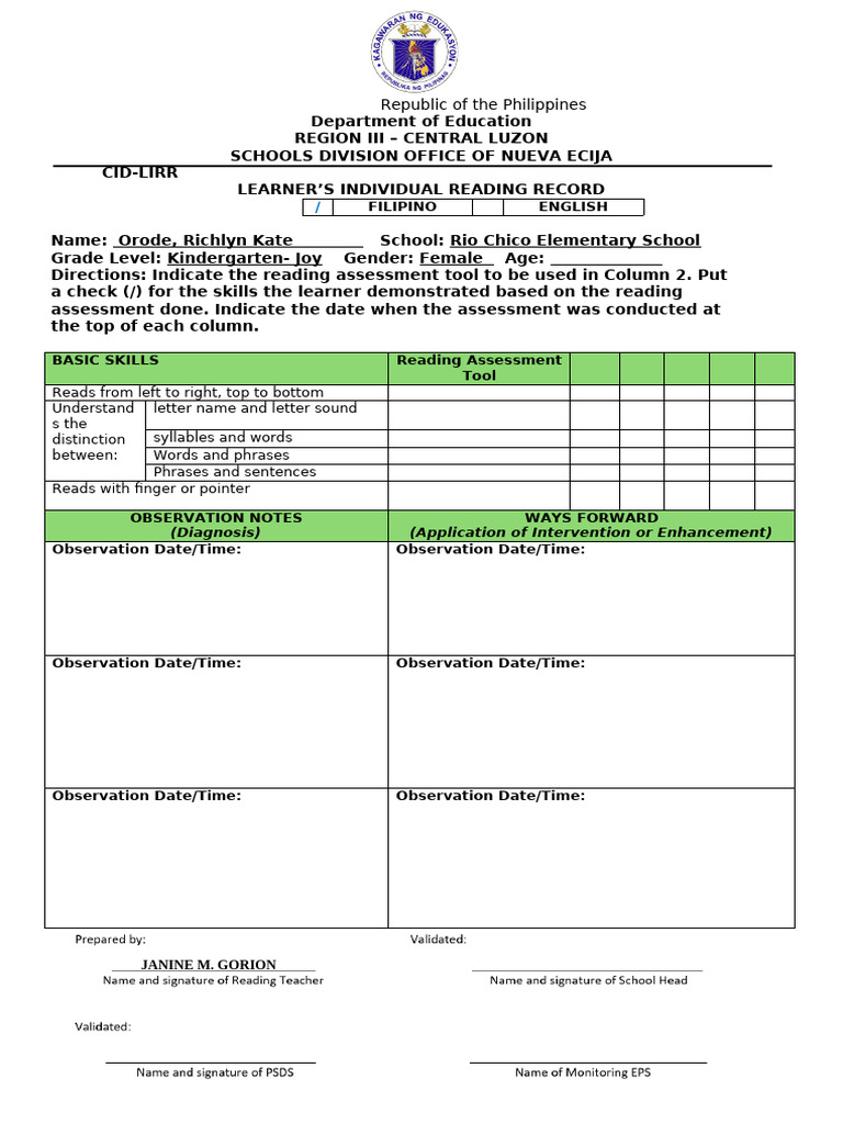 Learners Individual Reading Record | PDF