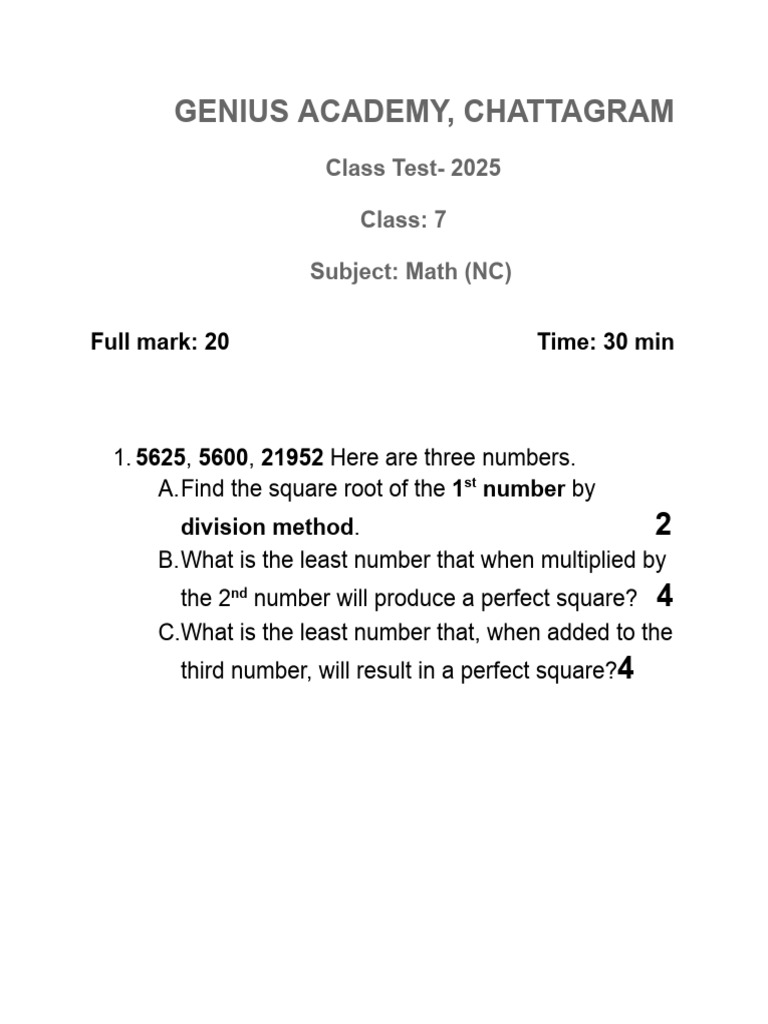 Class 7 Math Test: Square Roots | PDF