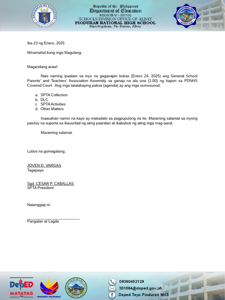 Letter To Parent Spta | PDF