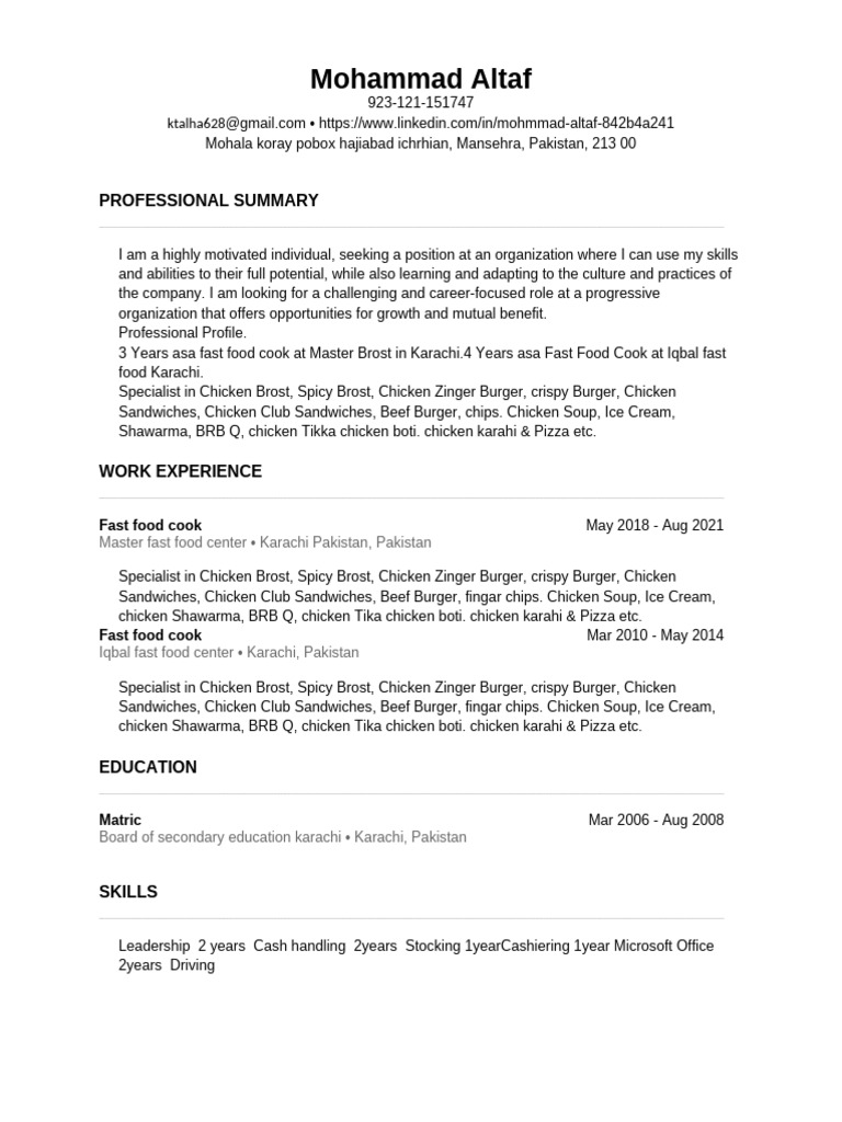 Fast Food Cook Resume - Mohammad Altaf | PDF | Fast Food | Hamburgers
