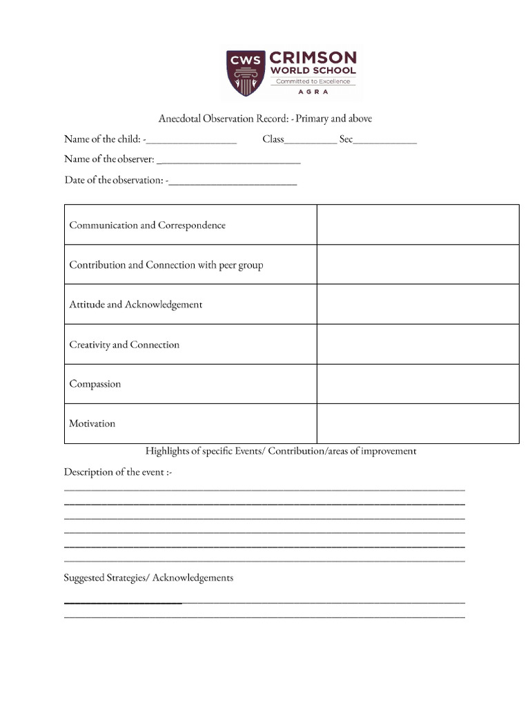 Anecdotal Observation Record - Primary and Above | PDF