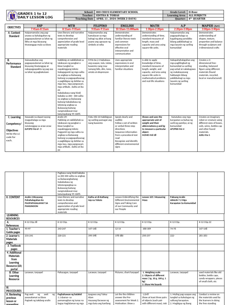 DLL All-Subjects-2 Q4 W2 D2 | PDF