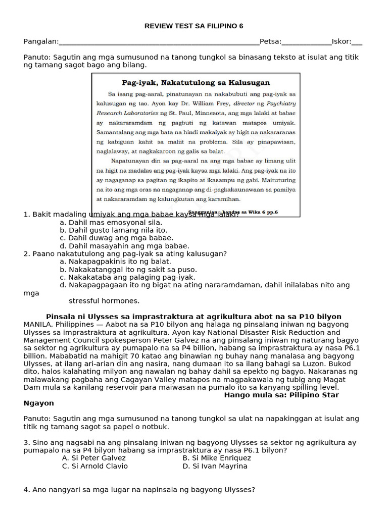 Review Test Sa Filipino 6 | PDF