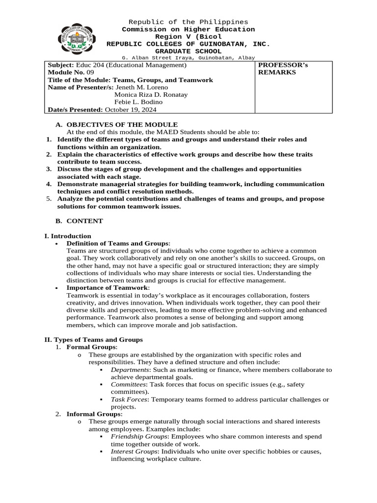 Educ-204-Handouts-Module-9-Teams-Groups-and-Teamwork | PDF | Goal | Cognition