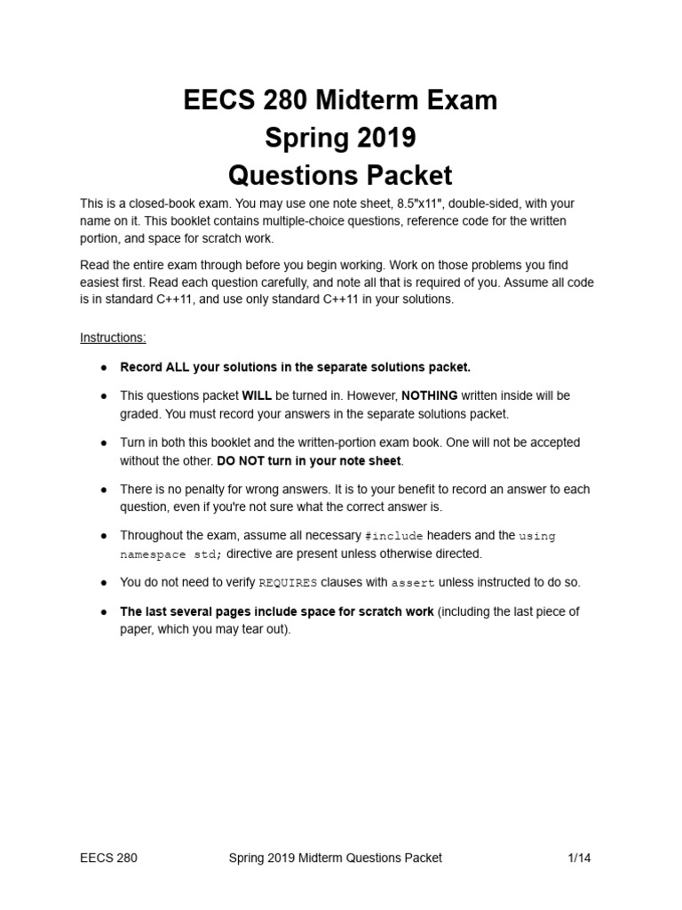 EECS 280 Spring 2019 Midterm Questions | PDF | Pointer (Computer Programming) | Computer Programming
