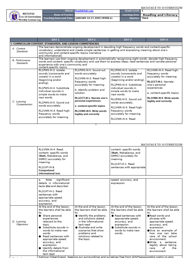 DLL MATATAG_READING & LITERACY 1 Q3_W6 | PDF | Written Communication | Learning