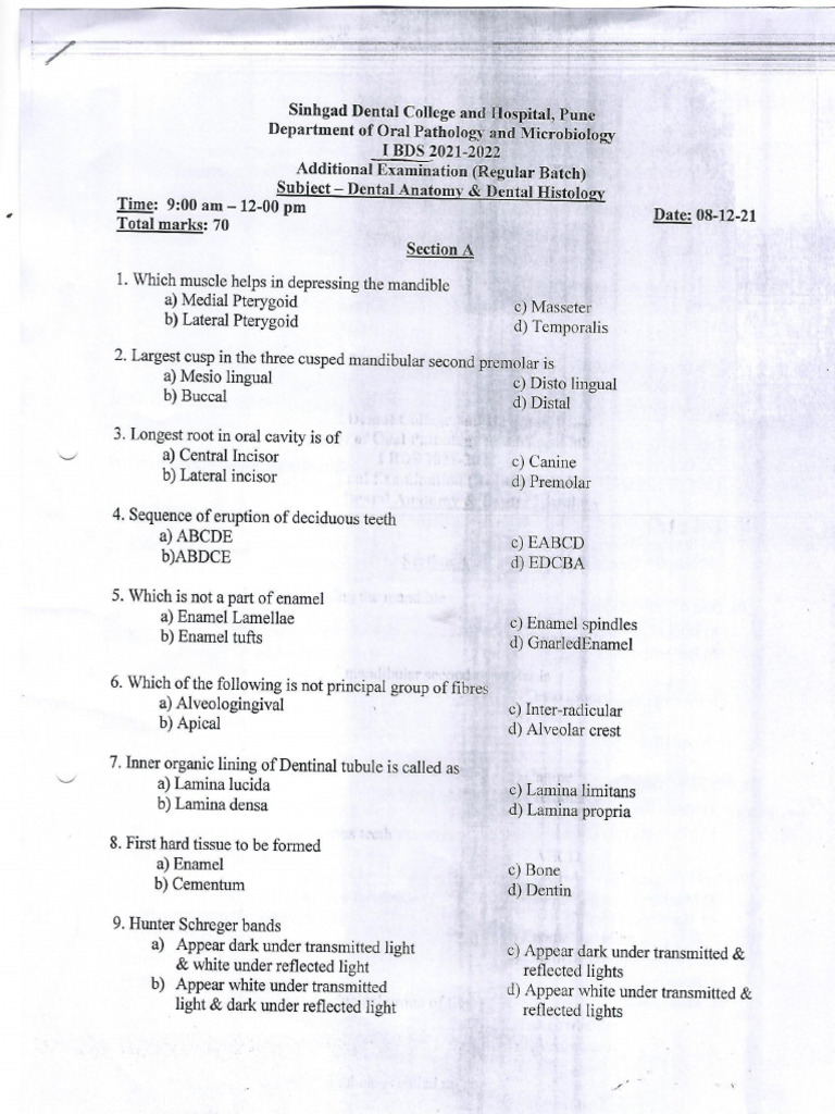 1 BDS Dental Anatomy Additional Examination (Regular Batch 2021-22 ...