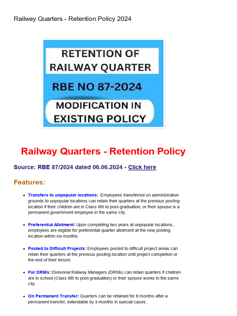 Railway Quarters Retention Policy 2024 | PDF