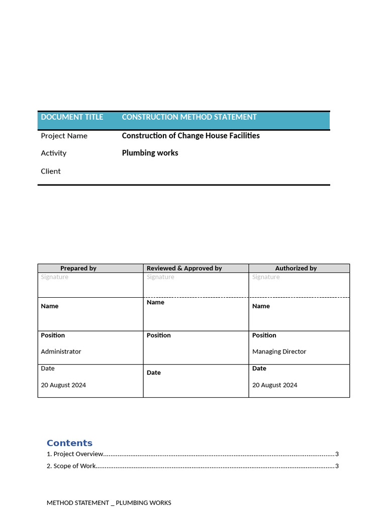 Construction Method Statement For Plumbing Works | PDF | Plumbing ...