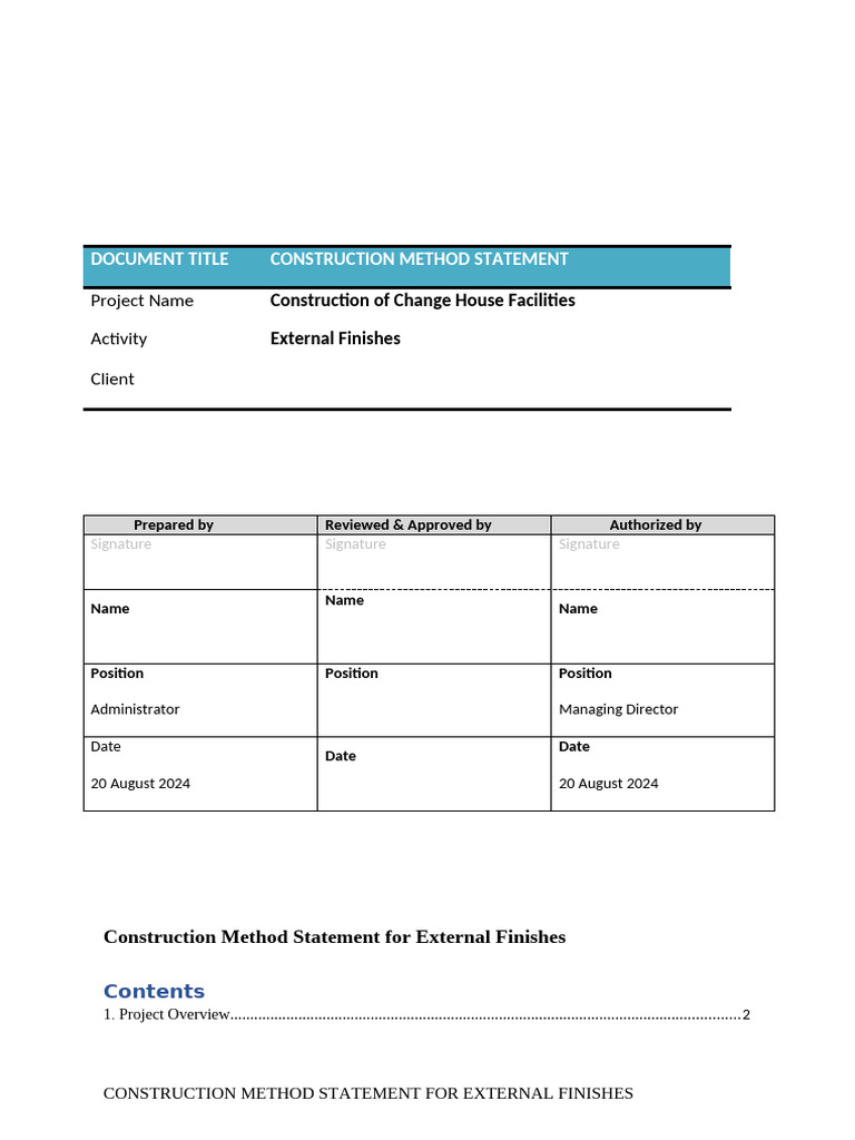 Construction Method Statement for External Finishes | PDF | Door | Safety