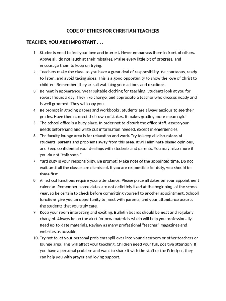 CODE OF ETHICS FOR CHRISTIAN TEACHERS | PDF | Teachers