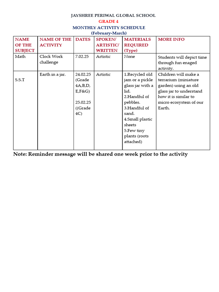 Activity Schedule Grade 4 (Feb-March) | PDF