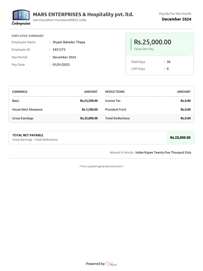 December 2024 Payslip for Shyam Thapa | PDF