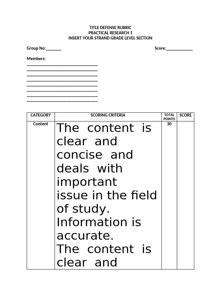 Title Defense Rubric | PDF | Human Communication | Cognition