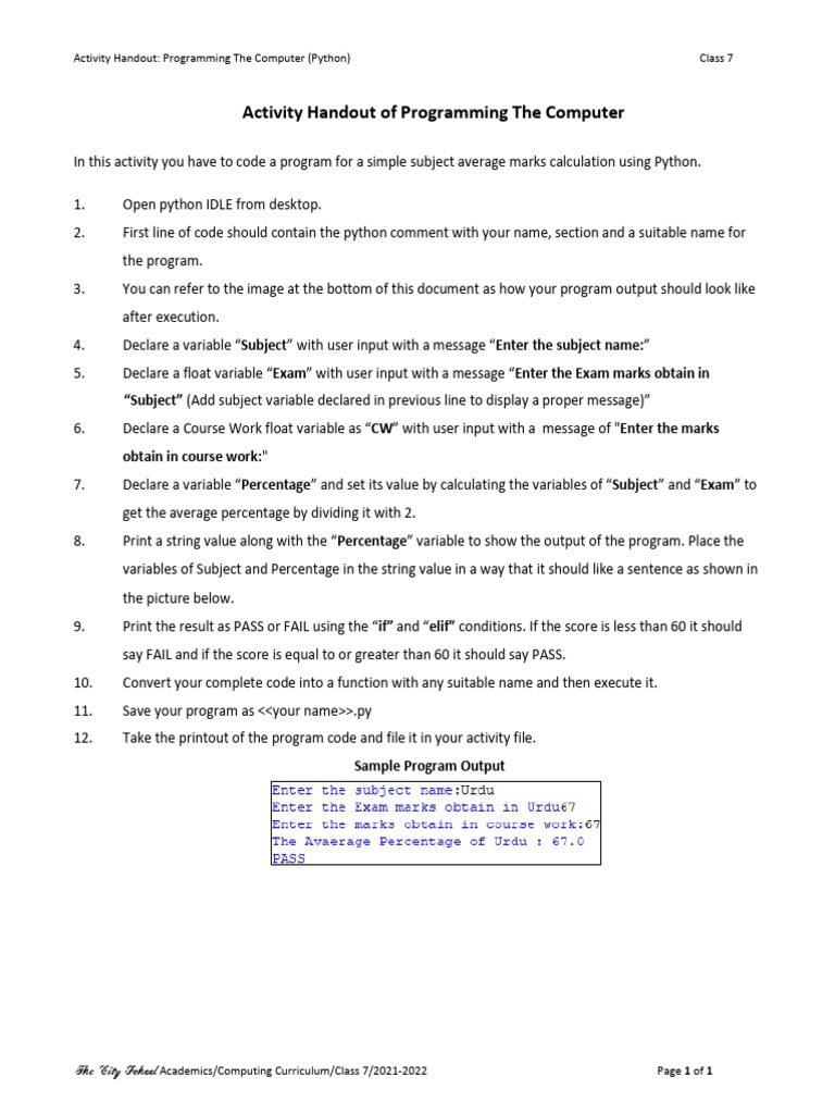 Programming The Computer - Activity Handout | PDF