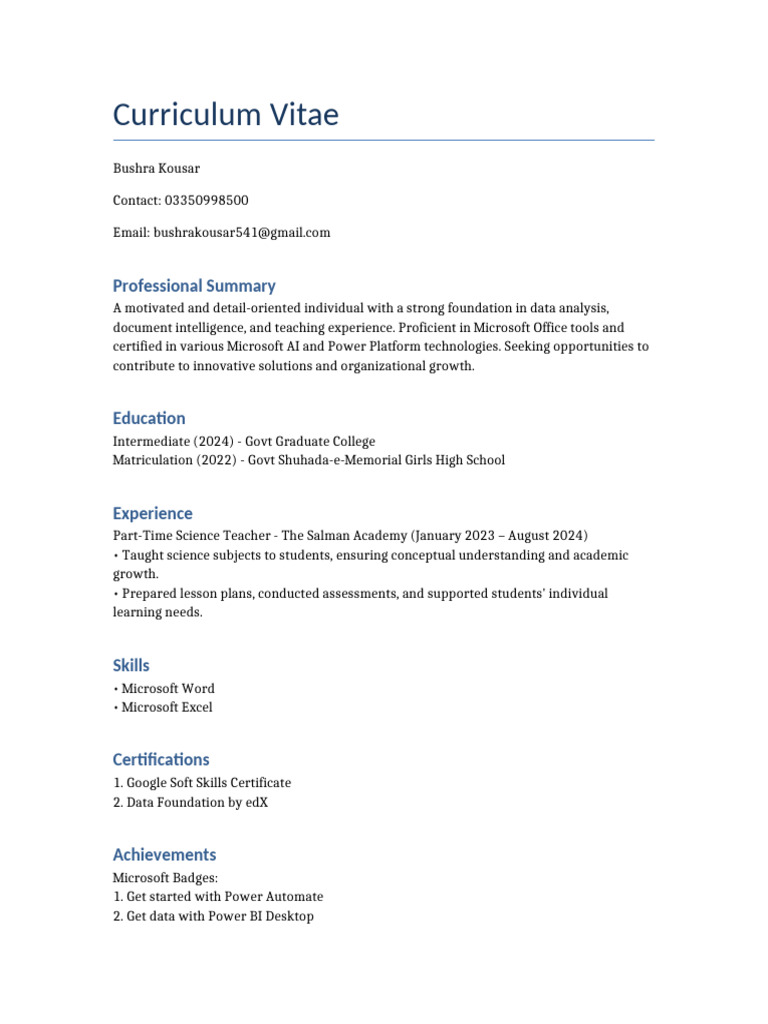 Bushra Kousar CV | PDF