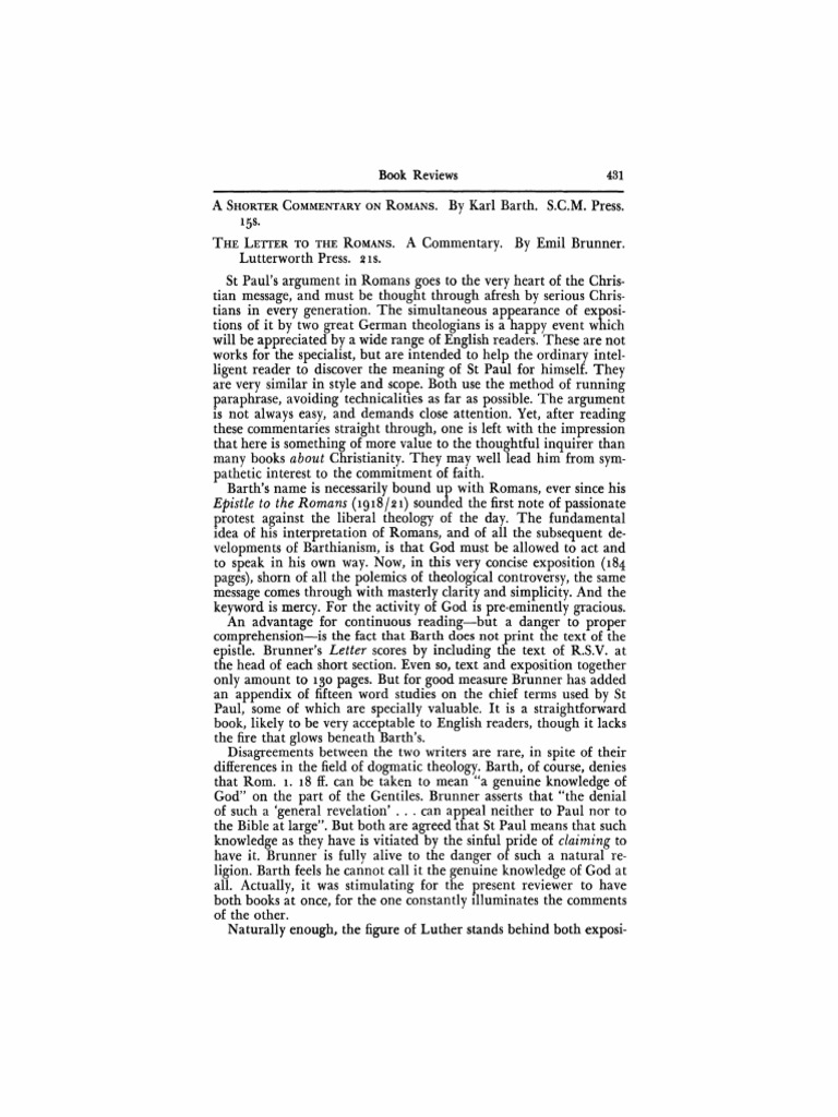 Book Reviews 431: Epistle To The Romans | PDF | Karl Barth | Paul The Apostle