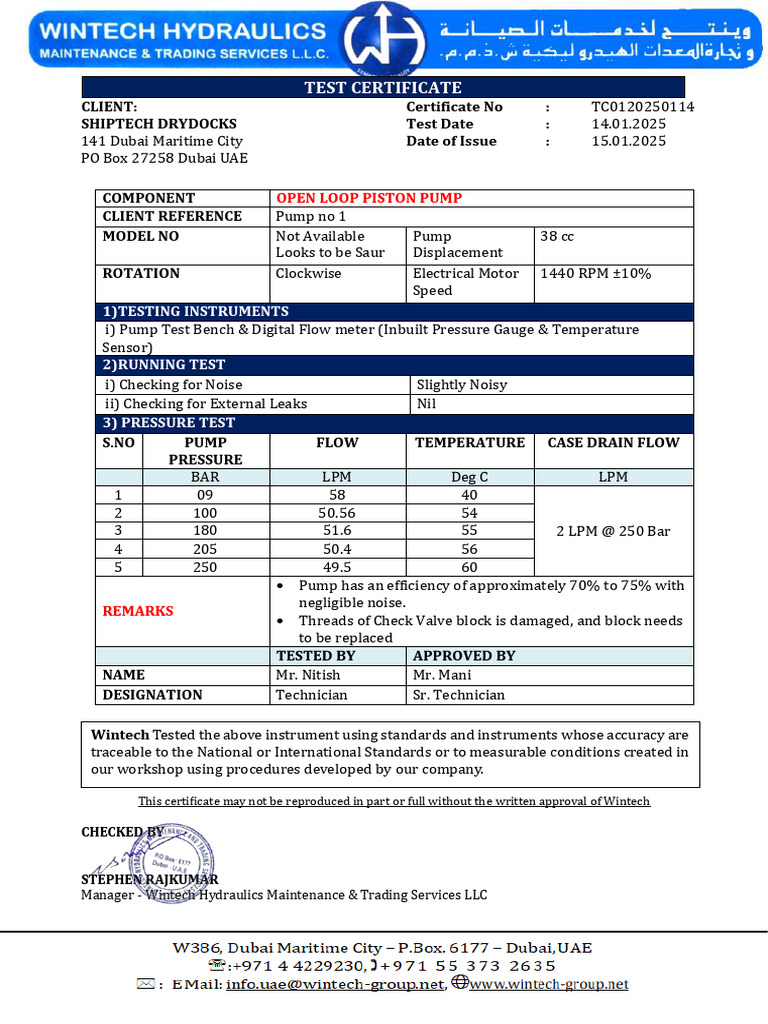 Shiptech Drydocks Test Certificate | PDF
