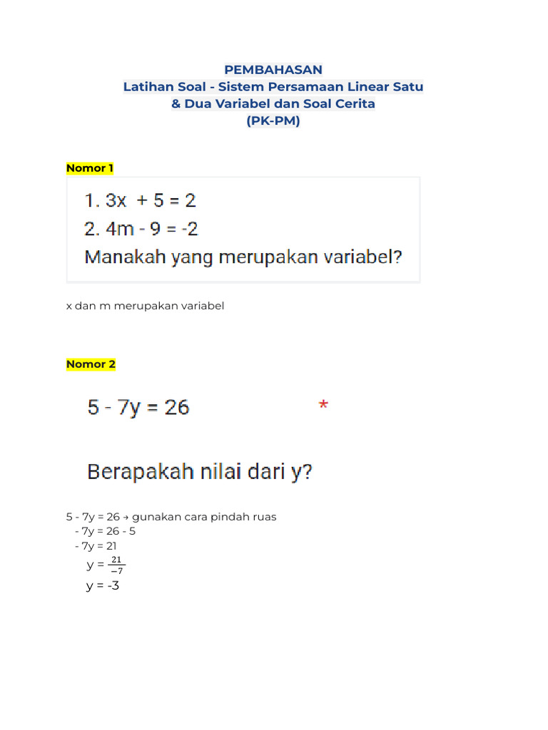 Latihan Soal SPL Satu dan Dua Variabel | PDF