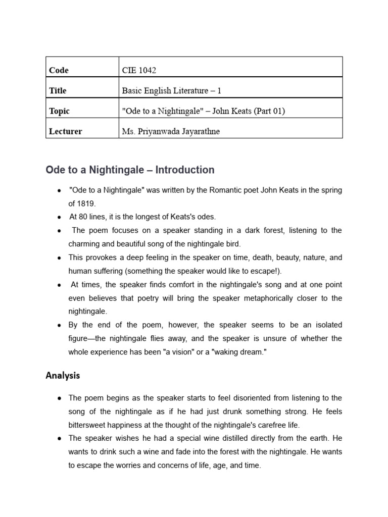 Analysis of Keats' "Ode to a Nightingale" | PDF | John Keats | Poetry