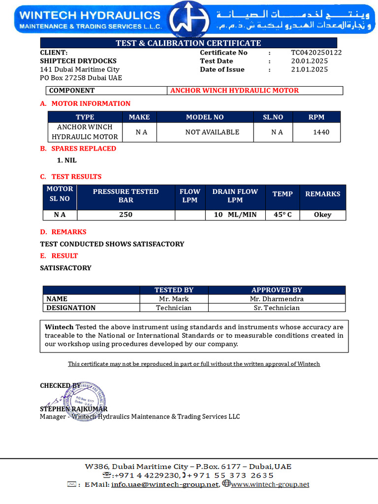 Shiptech Drydocks - Test Certificate | PDF