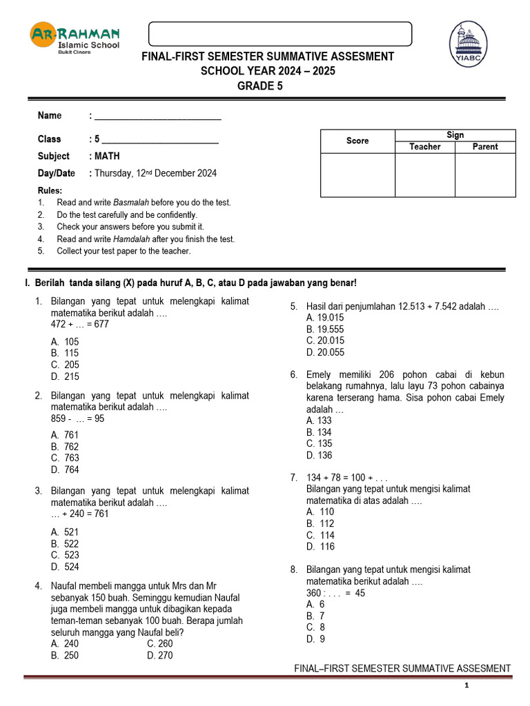 SAS 1 Math Grade 5 | PDF