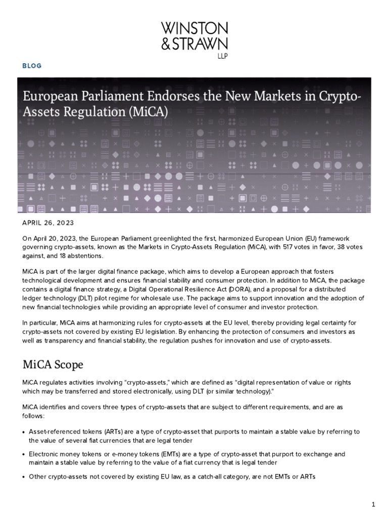 EU's MiCA Regulation for Crypto-Assets | PDF | Cryptocurrency ...