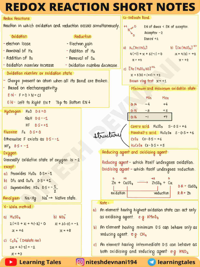 Redox Reaction Short Notes | PDF