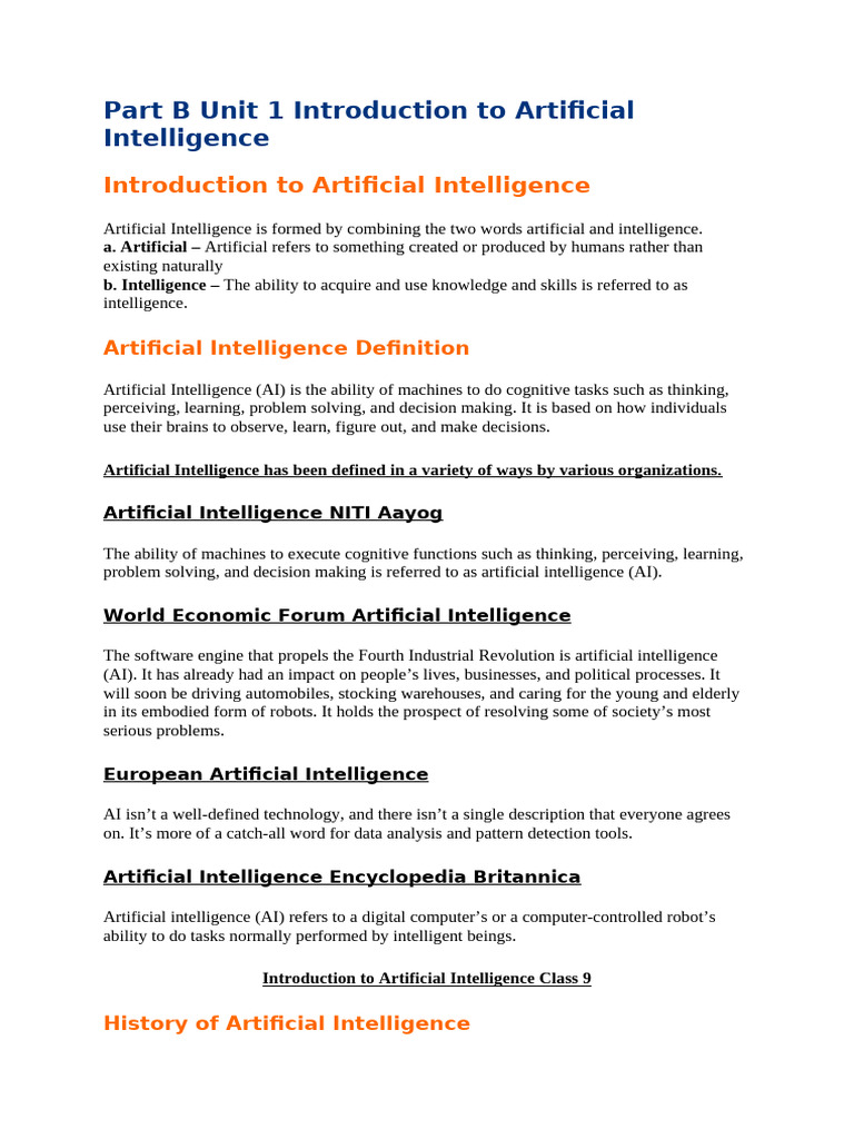 Part B Unit 1 Introduction To Artificial Intelligence Pdf