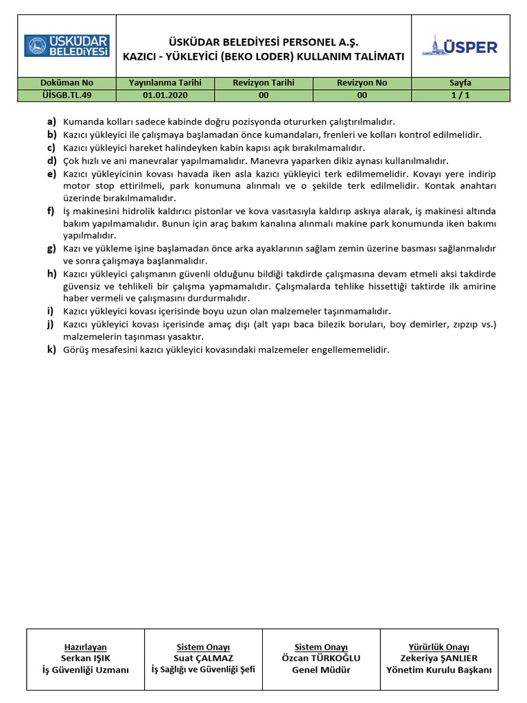 Üi̇sgb - TL - 49 Kazici-Yükleyi̇ci̇ (Beko Loder) Kullanim Tali̇mati | PDF