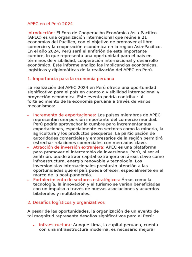 APEC 2024: Oportunidades y Desafíos Perú | PDF | Cooperacion economica Asia Pacifico | Perú