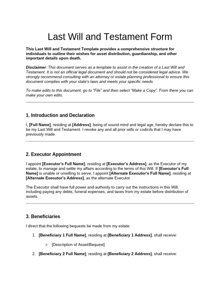 Last Will and Testament Template | PDF | Will And Testament | Social ...