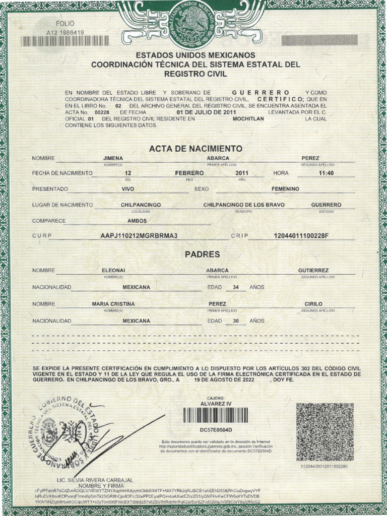 Acta de nacimiento Jimena | PDF