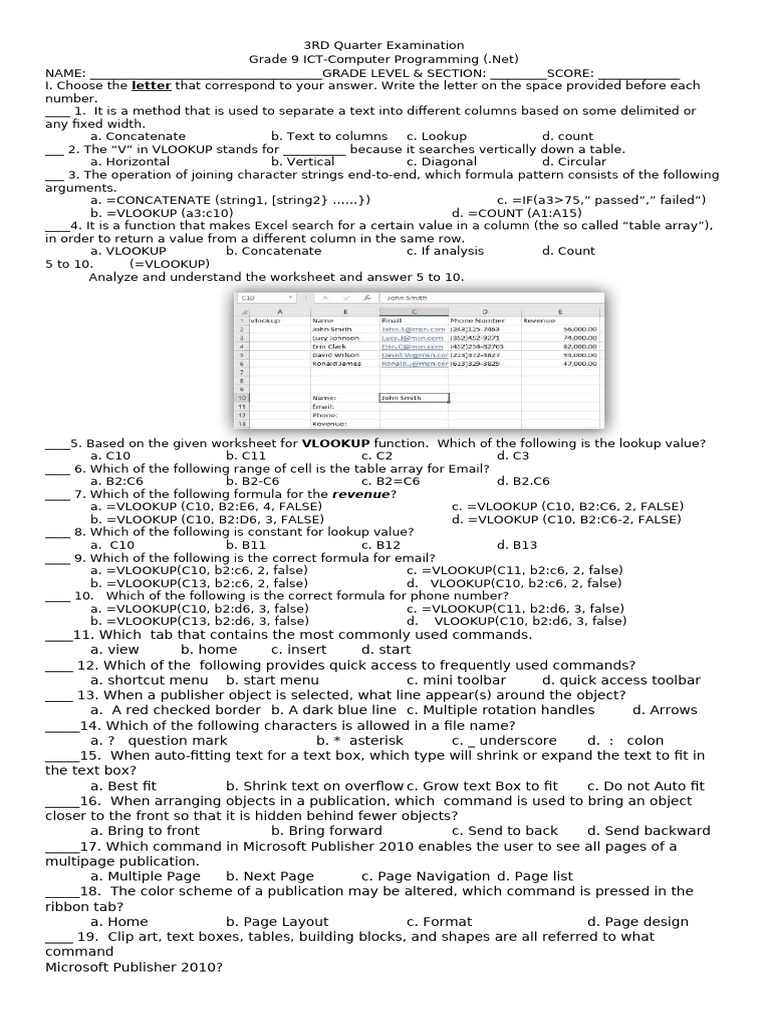 ICT 9- PUBLISHER/SPREADSHEET-3RD QUARTER EXAM | PDF | Software Engineering | Computer Programming