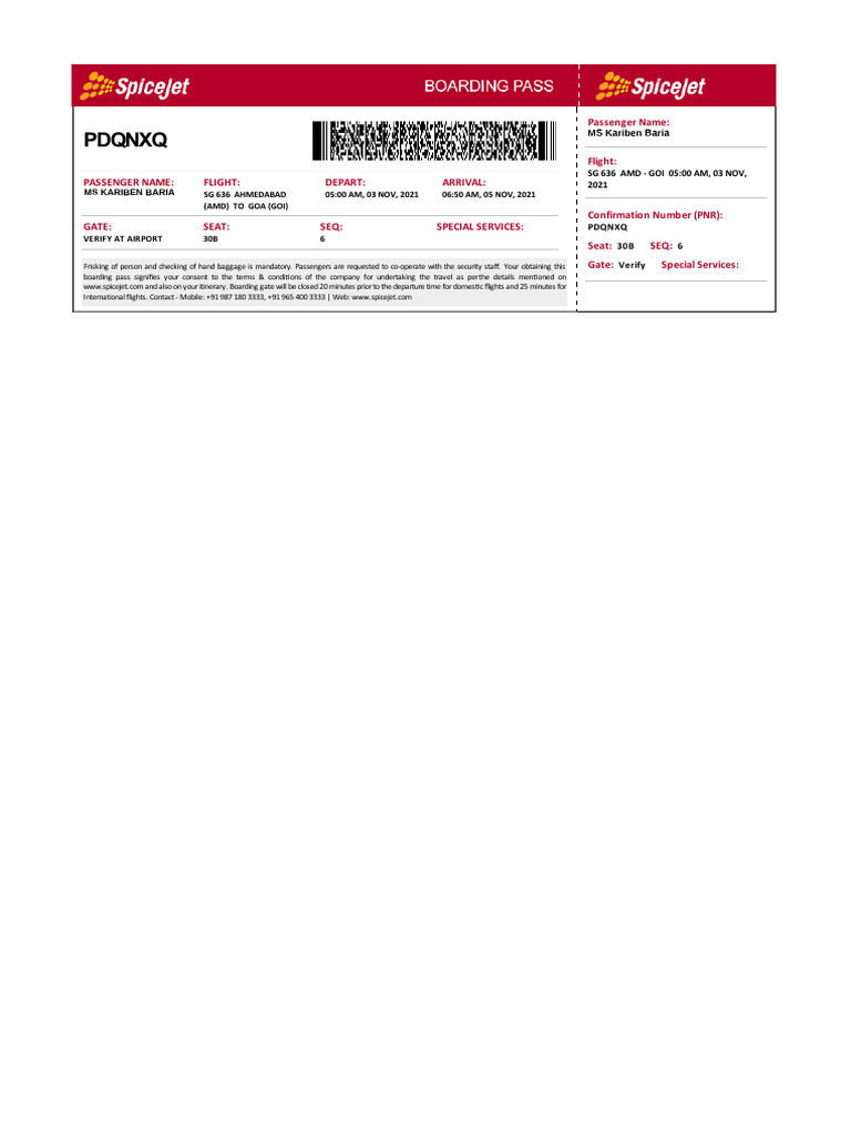 SpiceJet - BoardingPass - PNR PDQNXQ - KARIBEN BARIA | PDF