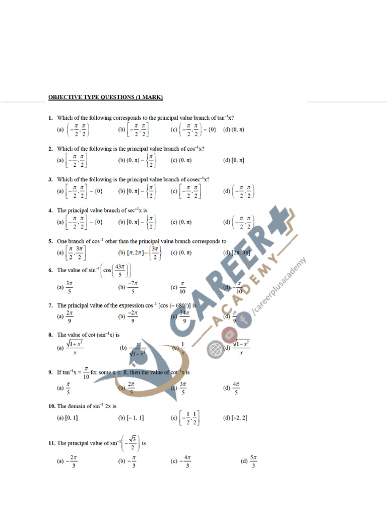 Class 12 Maths Chapter 02 Inverse Trigonometry Functions MCQ | PDF