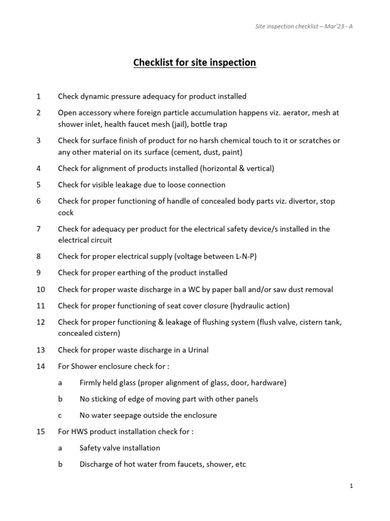 Site Inspection Checklist - Mar'23 - A | PDF