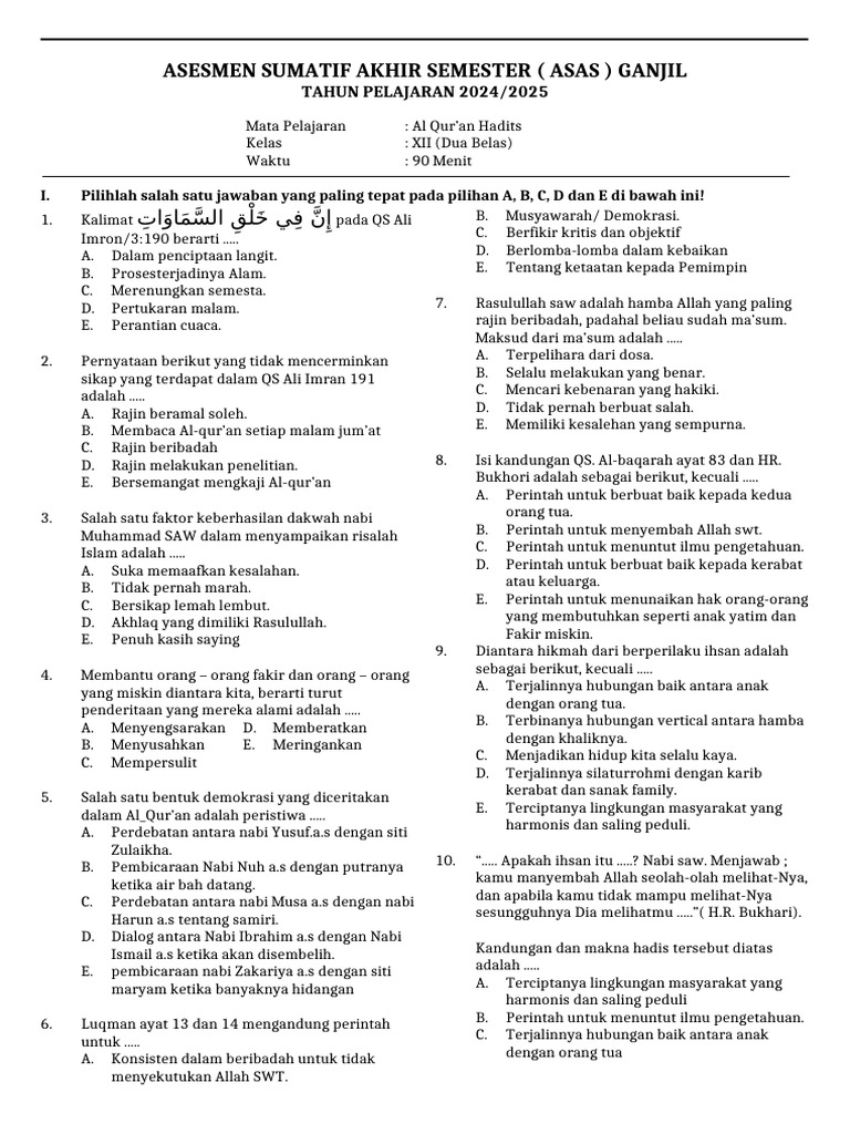 Soal Ujian Al-Qur'an Hadits Kelas 12 | PDF